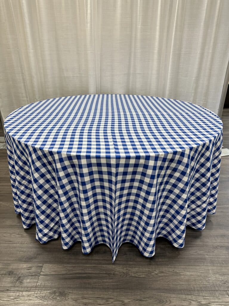132″ Rd Blue Gingham Tablecloth | Suburban Rental